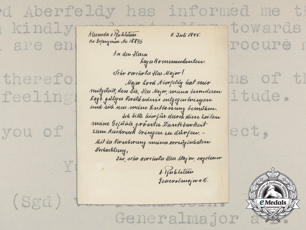 A Letter By Generalmajor Alexander Von Pfuhlstein Written While At Tre ...