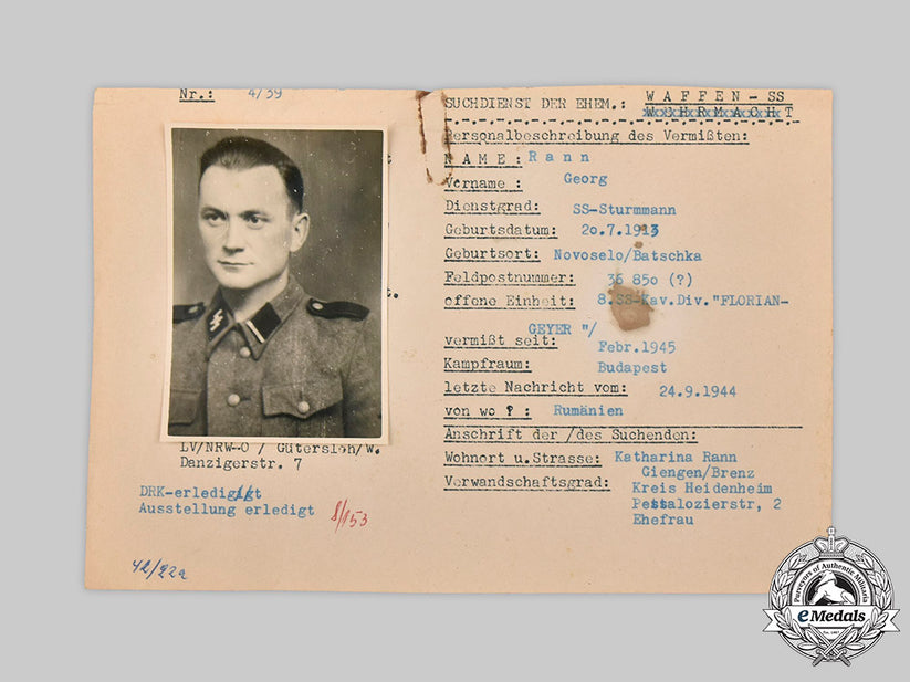 Germany, Ss. A Hiag Tracing Service File For Ss-Sturmmann Georg Rann ...