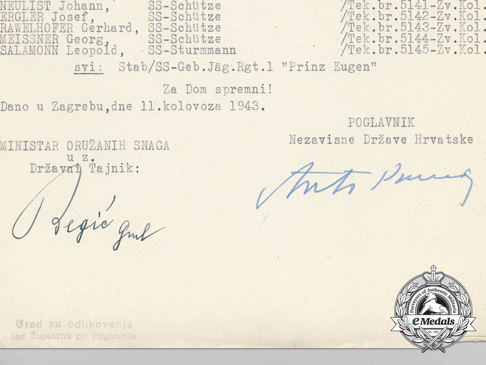 A Croatian Ww2 Document For The Members Of Waffen-Ss "Prinz Eugen" Div ...