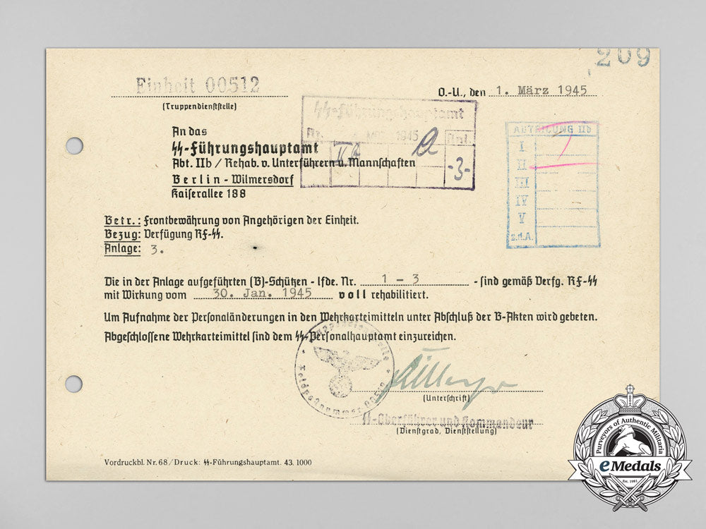 A Rehabilitation Letter From Ss-Oberführer Dirlewanger; 36Th Waffen Gr ...