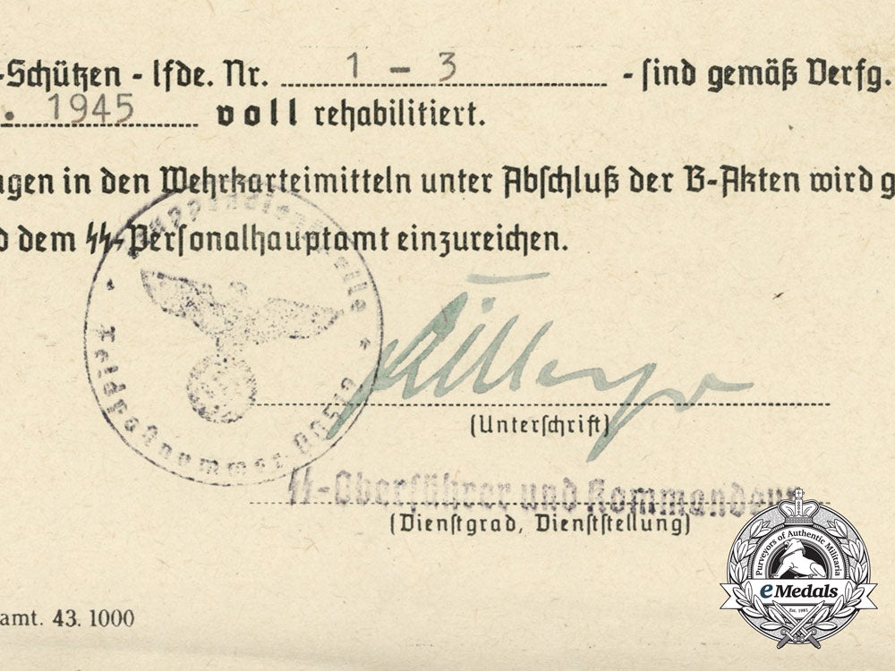A Rehabilitation Letter From Ss-Oberführer Dirlewanger; 36Th Waffen Gr ...