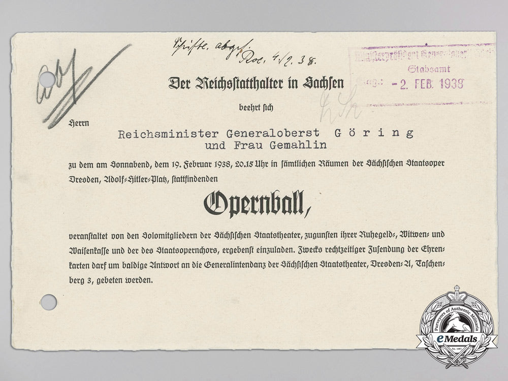 A 1938 Invitation For Reichsminister Hermann Göring And Wife To Attend ...