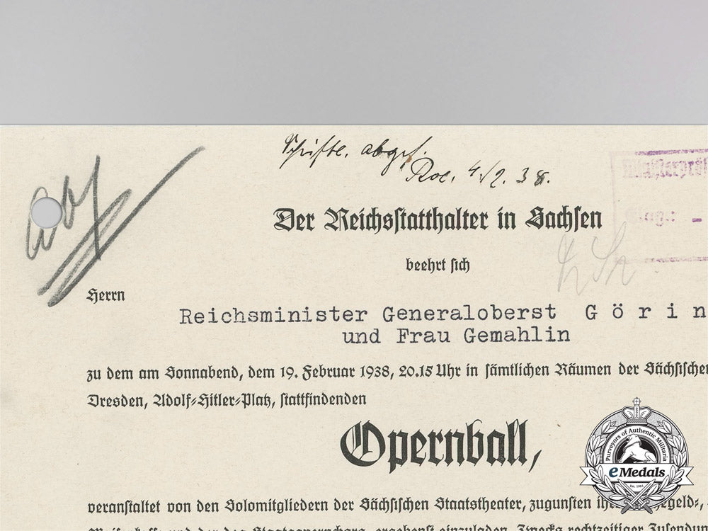 A 1938 Invitation For Reichsminister Hermann Göring And Wife To Attend ...